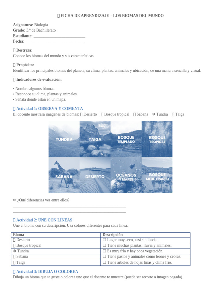 Ficha Biomas Del Mundo Adaptada | PDF | Sabana | Desierto
