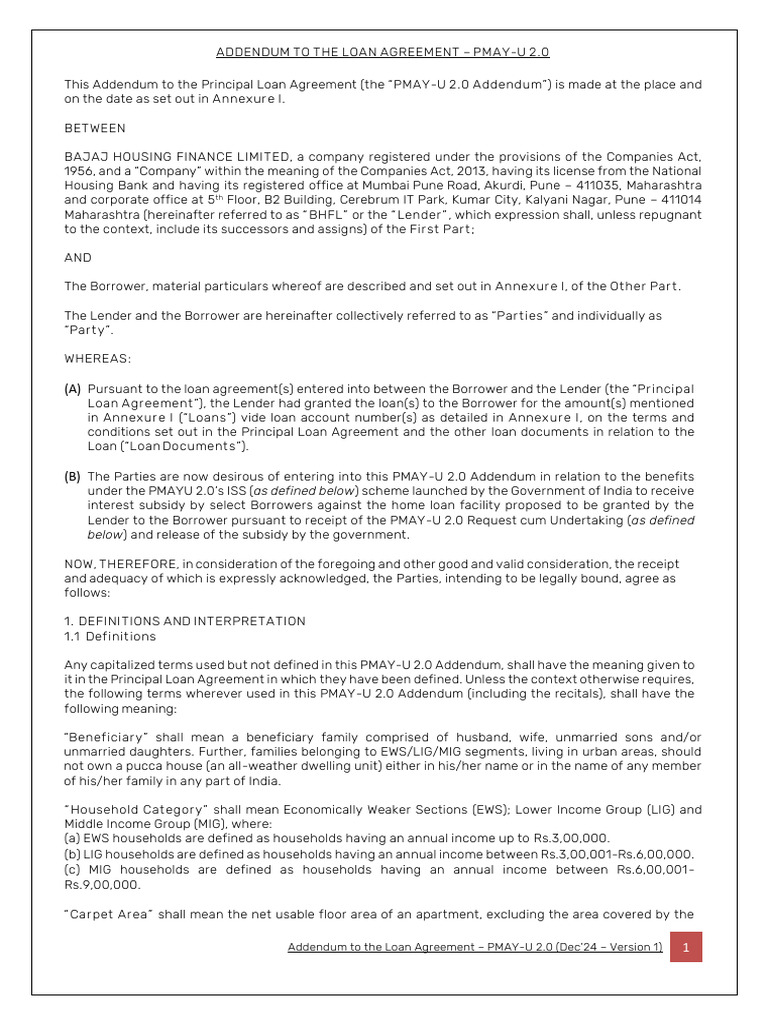 PMAY - U - 2.0 - Addendum To Loan Agreement (Dec'24 - V1) | PDF | Loans ...