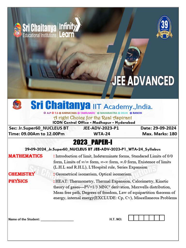 JEE Advanced 2023 Model Paper - Sri Chaitanya | PDF | Thermal Expansion ...