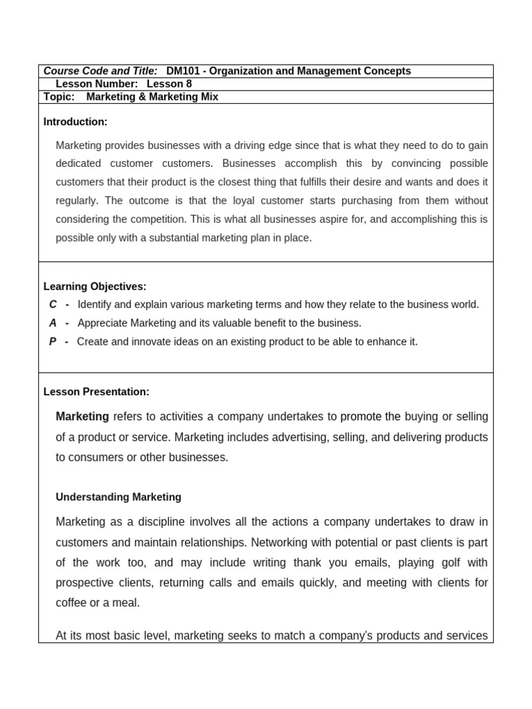 Lesson 8 - Marketing and Marketing Mix | PDF | Marketing | Advertising
