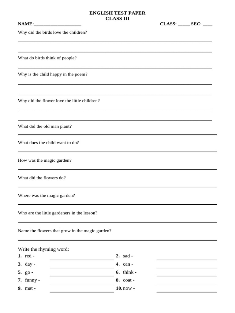 Class III English Test Paper | PDF | Chess Openings | Chess
