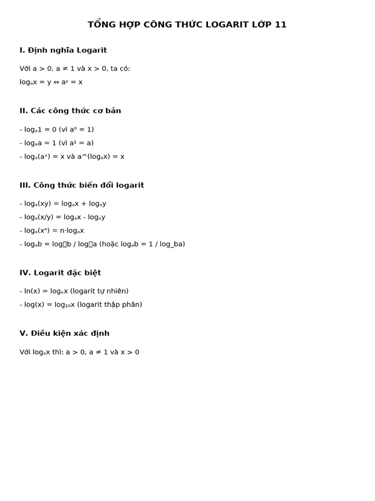 Tong Hop Cong Thuc Logarit Lop 11 | PDF