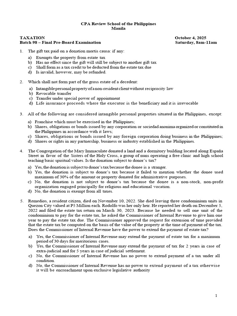 CPA Taxation Exam Review Questions | PDF | Value Added Tax | Taxes