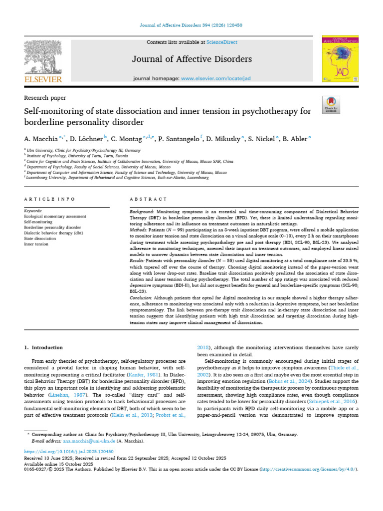 Self-Monitoring of State Dissociation and Inner Tension in ...
