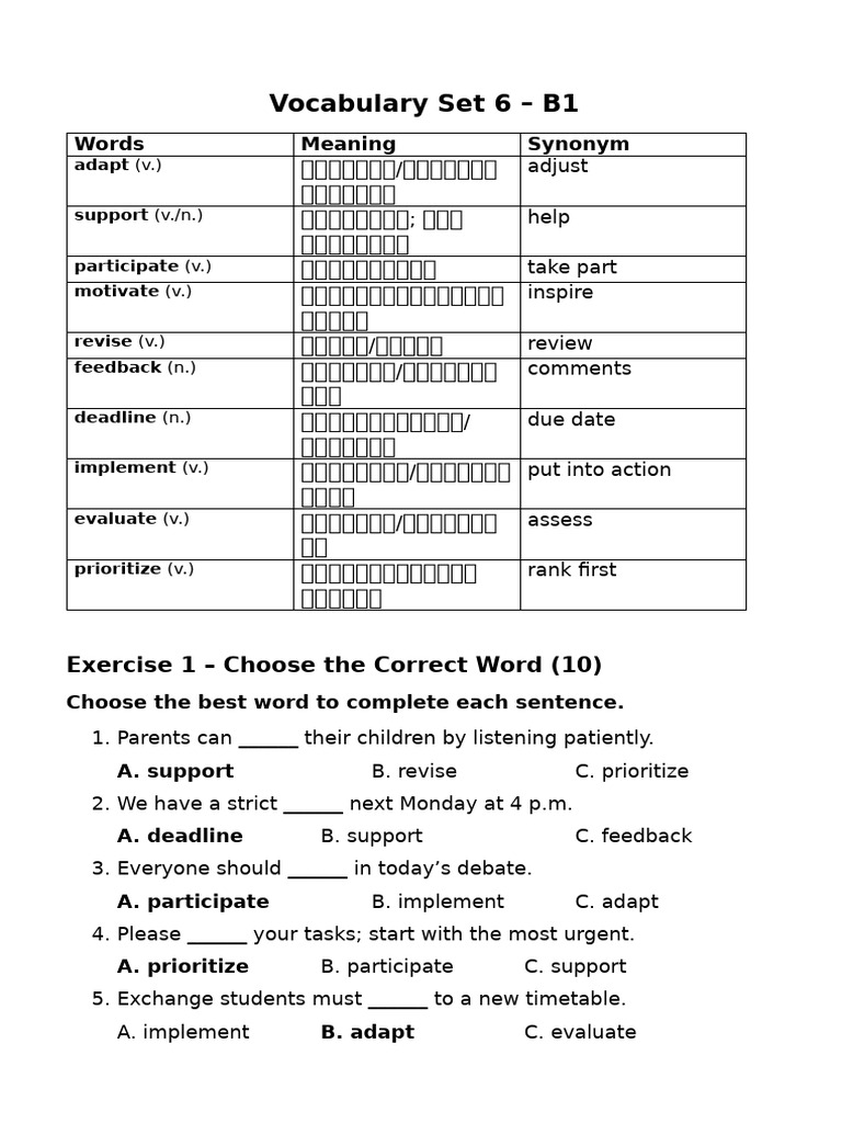 Vocabulary Set 6 – B1-Teacher | PDF | Verb | Noun