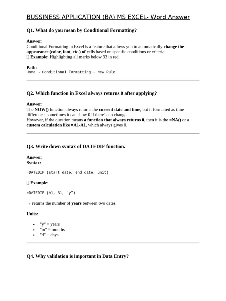 Bussiness Application (Ba) Ms Excel | PDF | Microsoft Excel | Function ...