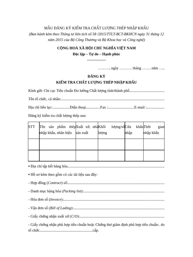 Mau Dang Ky Kiem Tra Chat Luong Thep Nhap Khaudoc1793 | PDF