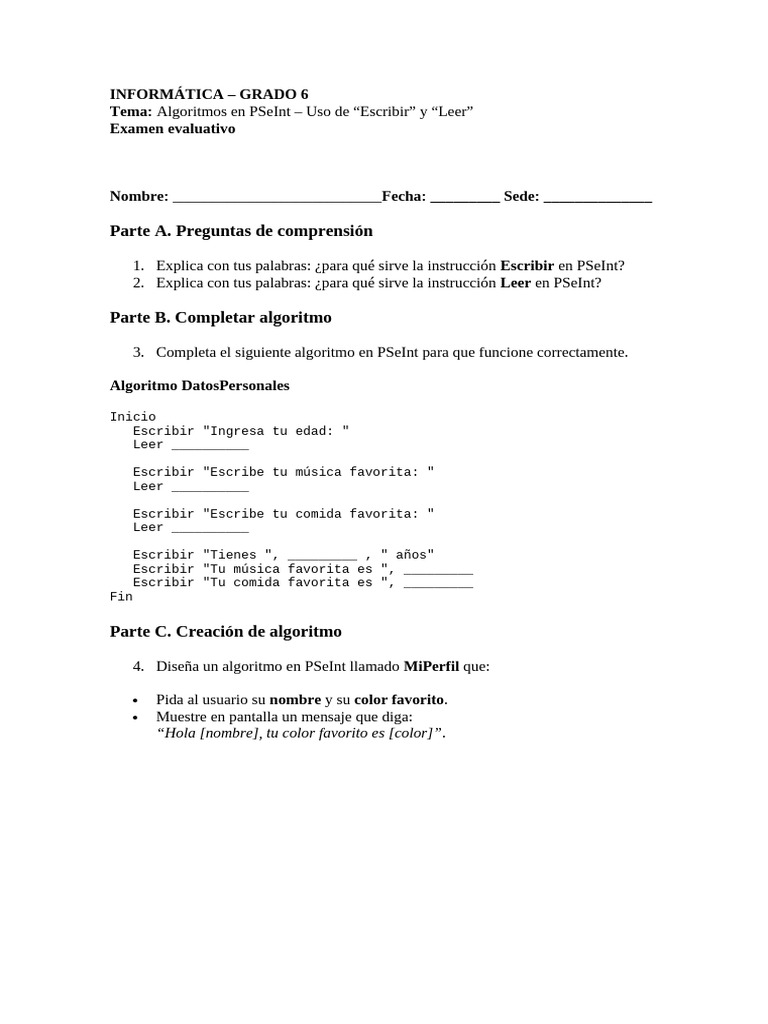 Algoritmos en PSeInt: Escribir y Leer | PDF