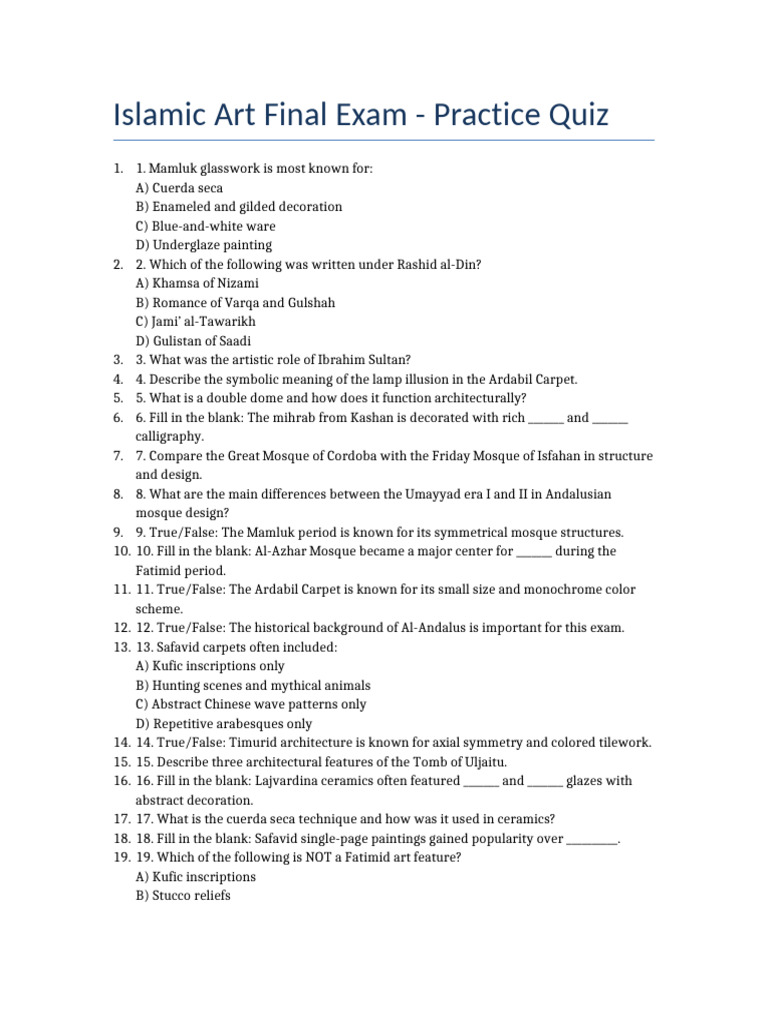 Islamic Art Final Exam Practice Quiz | PDF