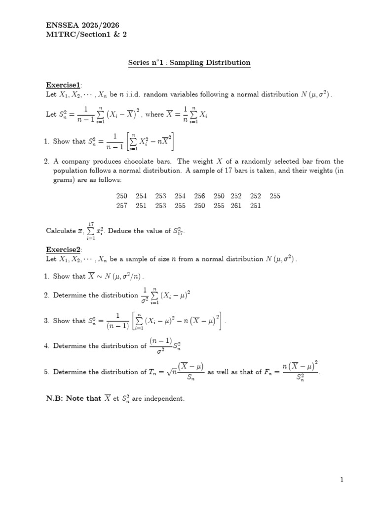 ECS2 05 Exercise Series Nâ°1 Sampling Distribution 2025 2026 | PDF ...