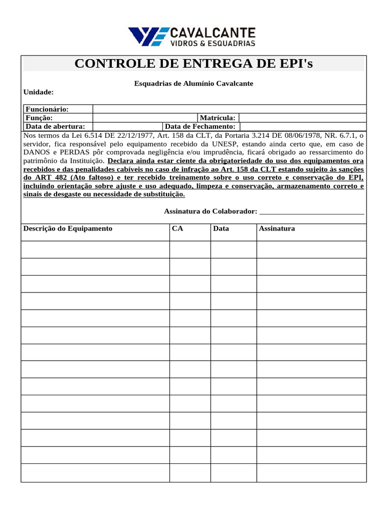 Ficha de Controle de Epi | PDF