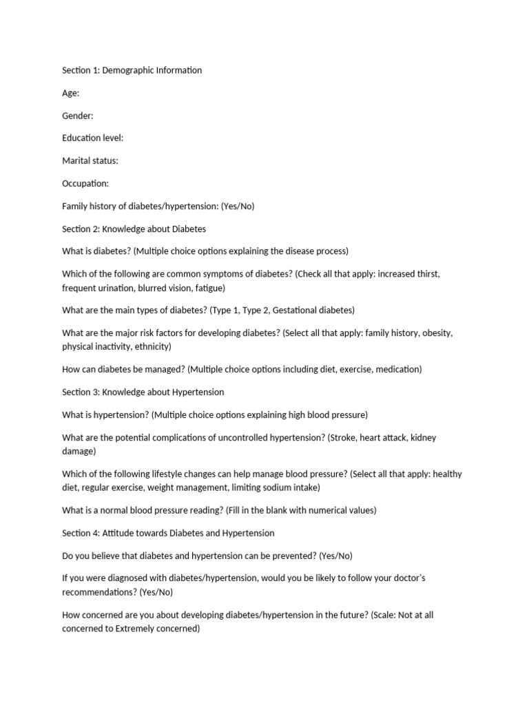 Diabetes and Hypertension Questionnaire | PDF | Hypertension | Diabetes