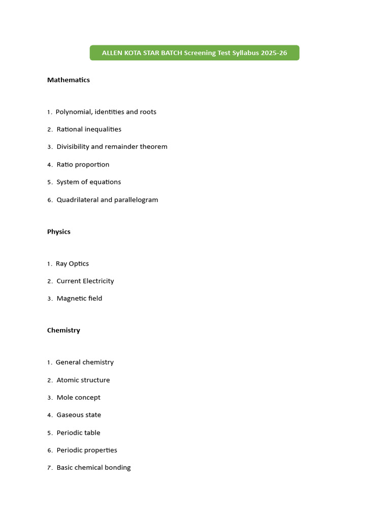 ALLEN Kota Star Batch Test Syllabus 2025-26 | PDF