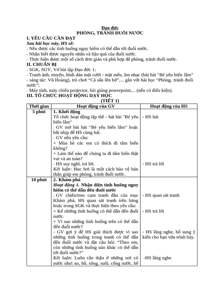 Khbd - Phòng Tránh Đuối Nước Lớp 1 | PDF