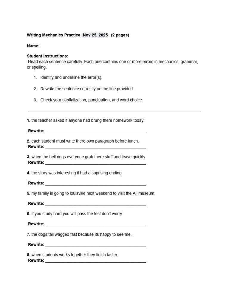 Writing Mechanics Practice – Nov. 25, 2025 (1) | PDF