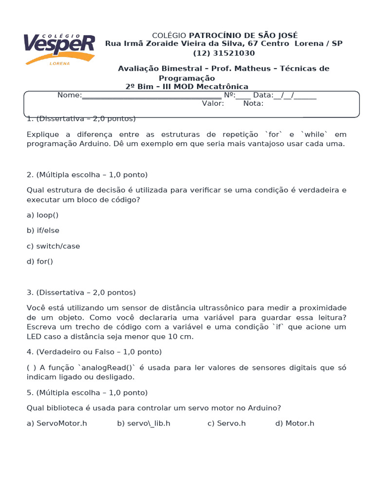 Técnicas de Programação - BIMESTRAL | PDF | Arduino | Engenharia da ...