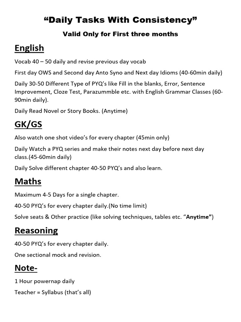 Daily Tasks With Consistency Plan | PDF