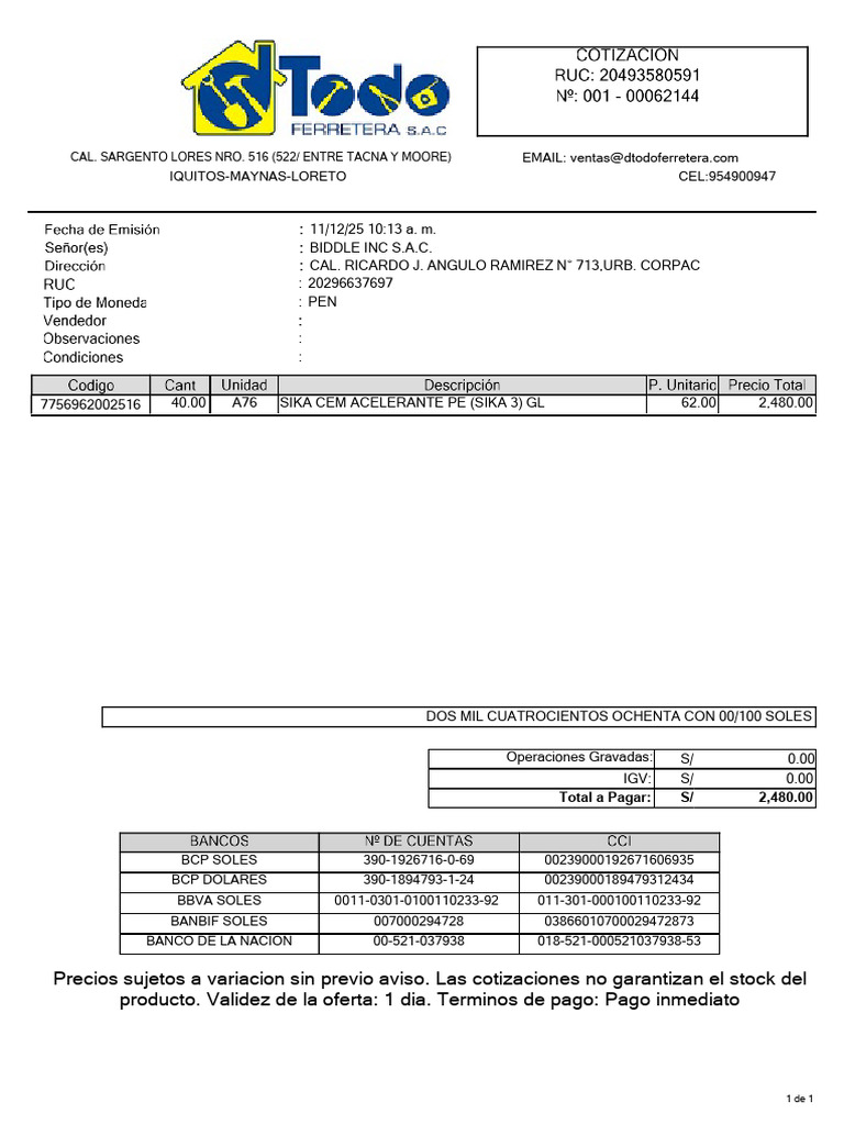 Proforma Sikacem Acelerante - Dtodo Ferretera | PDF