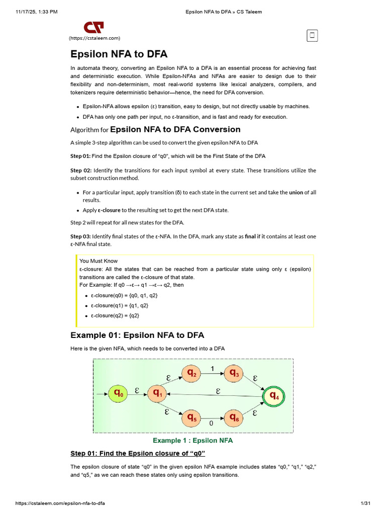 Epsilon NFA to DFA Conversion Guide | PDF | Algorithms | Formal Methods