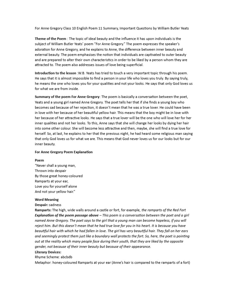 For Anne Gregory Class 10 English Poem 11 Summary, Important Questions ...