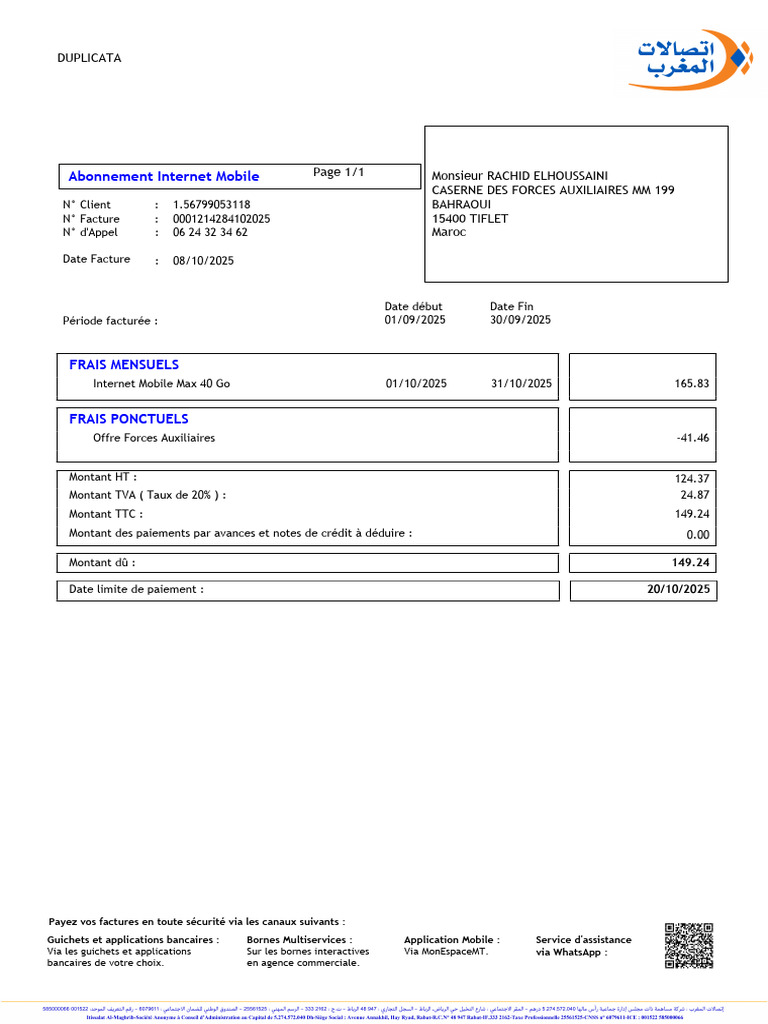 Facture Internet Mobile : Détails et Paiement | PDF | Taxe sur la ...