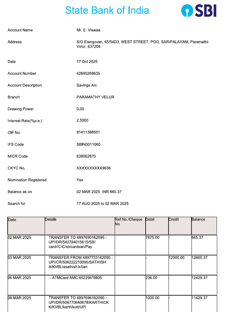 Viswaa SBI Statement | PDF