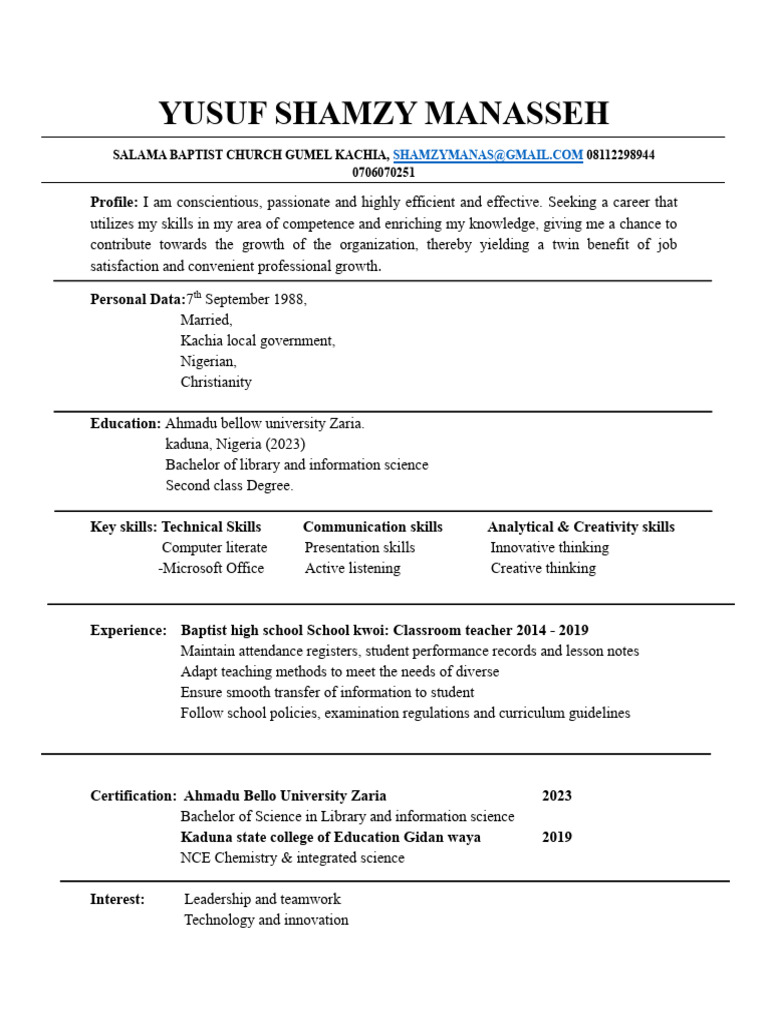 Yusuf Shamzy Manasseh Profile Summary | PDF