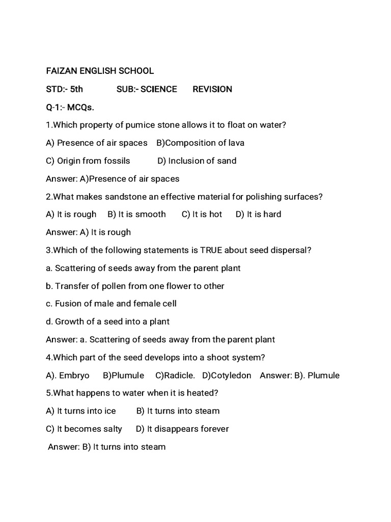 STD 5 TH - Science Revision | PDF | Rock (Geology) | Seed