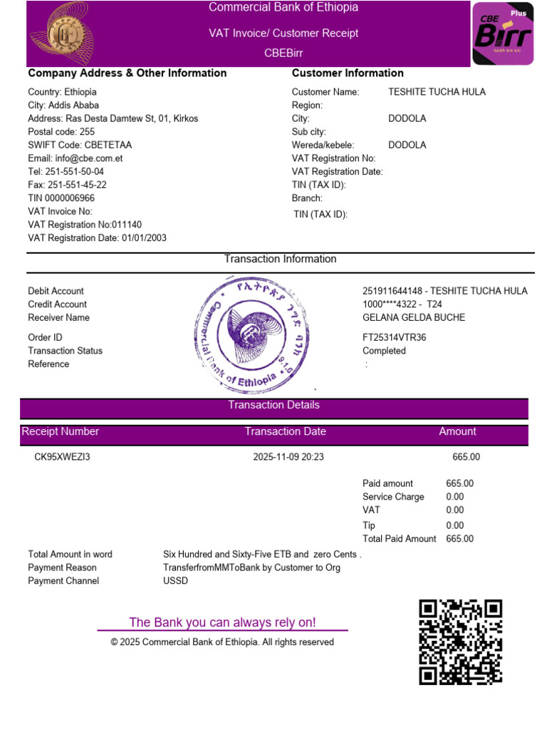 Cbebirr Receipt Ck95xwezi3 | PDF | Receipt | Value Added Tax