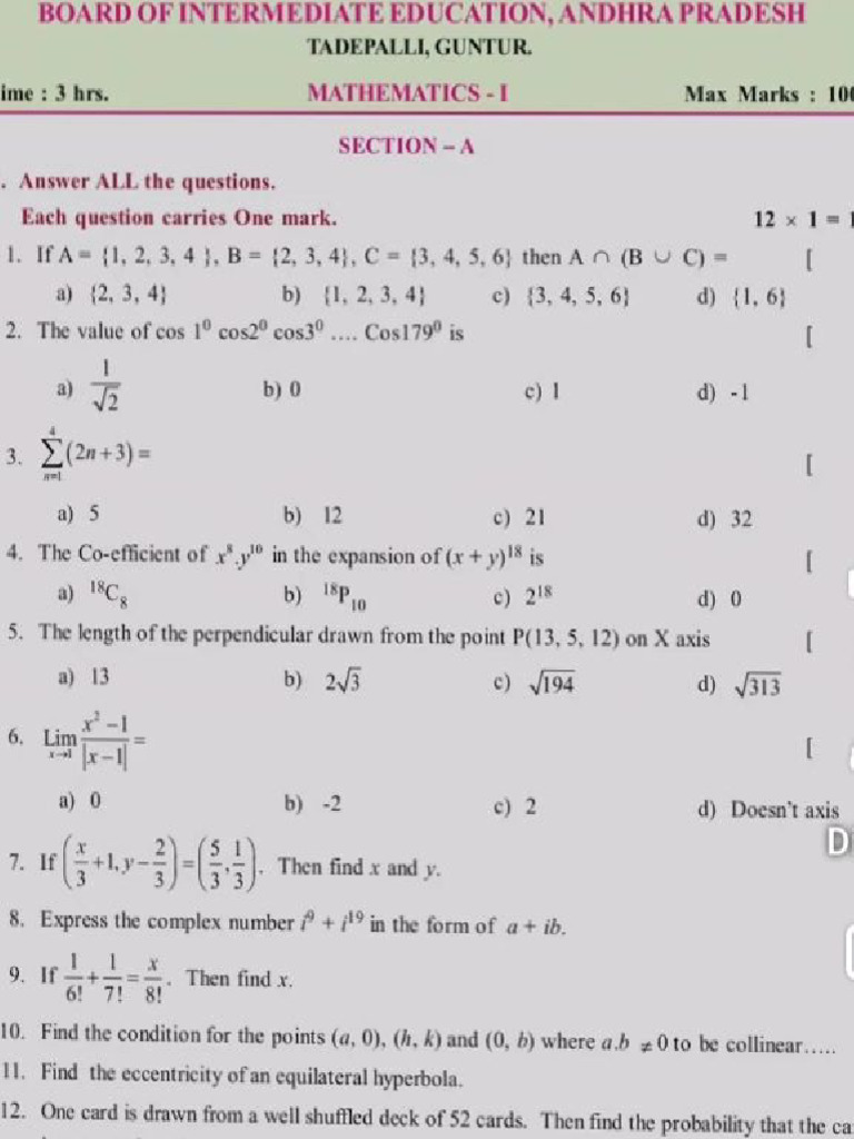 Maths 1st Year Model Papers | PDF