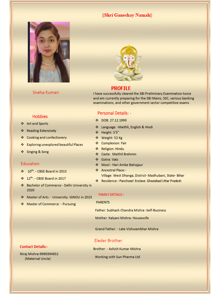 Sneha Kumari Bio Data (2) | PDF