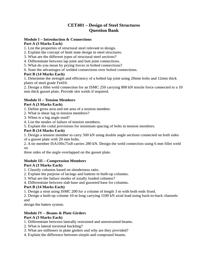 CET401 QUESTION BANK (MODULE WISE QUESTIONS) | PDF | Beam (Structure ...