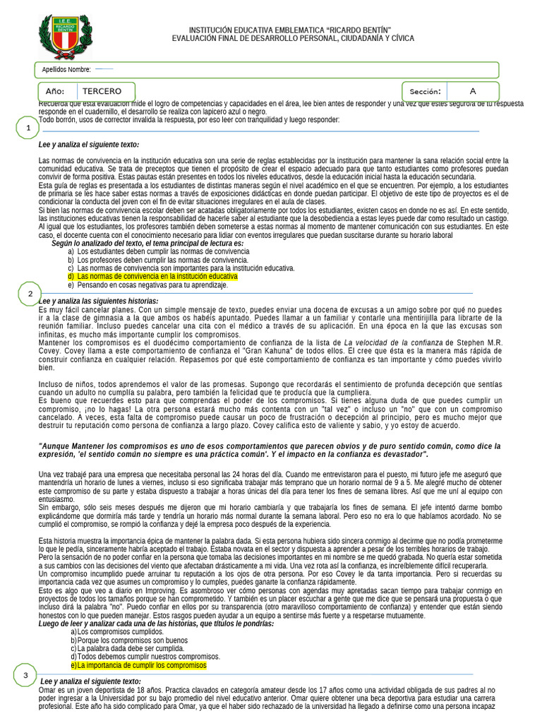 EXAMEN BIMES. DPCC 3RO A FINAL | PDF | Iniciativa empresarial | Las ...