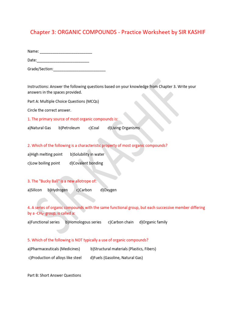 Organic Compounds Practice Worksheet | PDF | Organic Compounds | Carbon