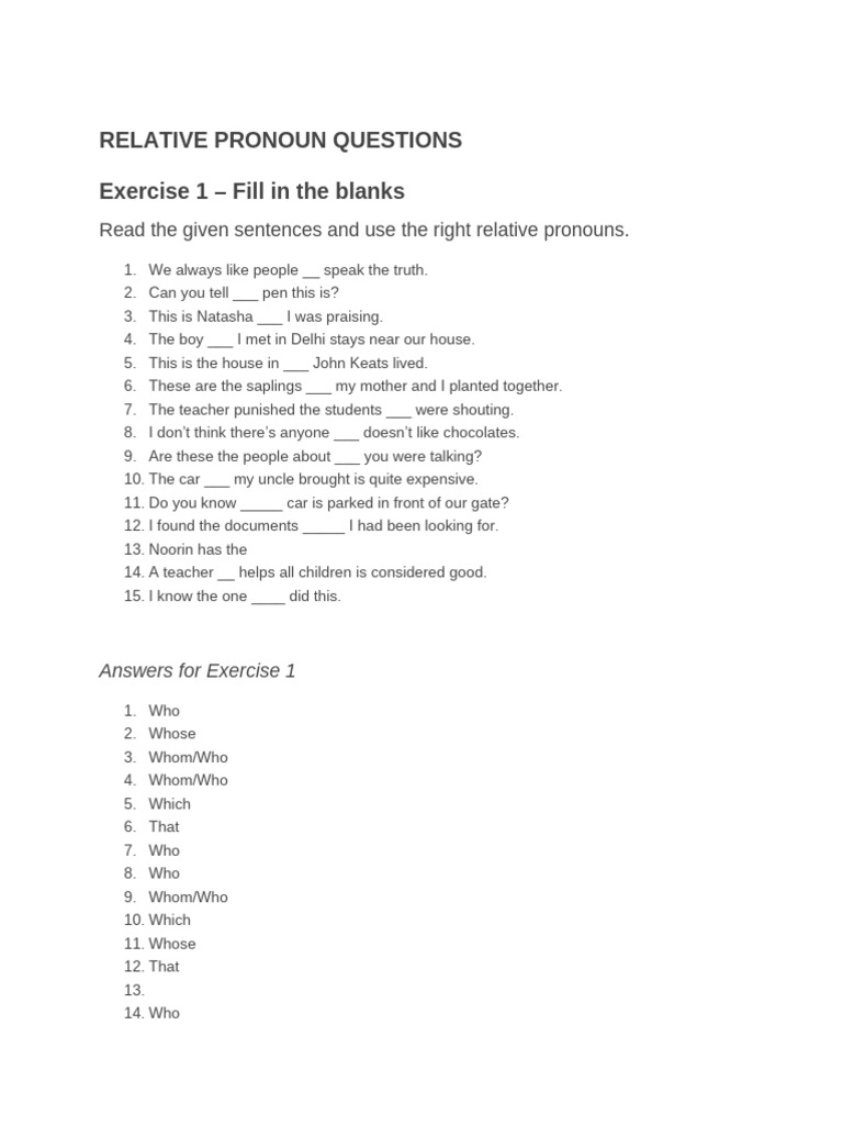 Relative Pronoun Questions | PDF