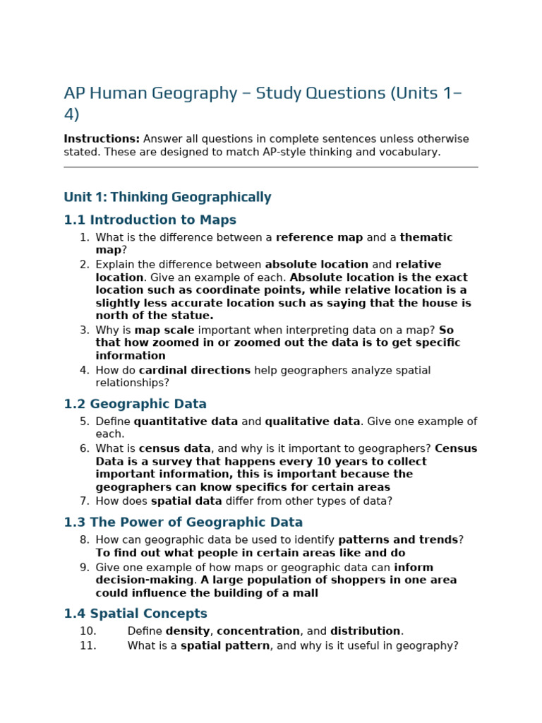 AP Human Geography Study Questions Units 1-4 | PDF | Human Migration ...