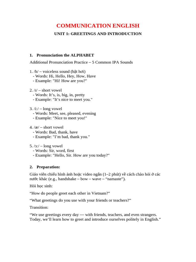 Unit 1 Greetings and Intros (with IPA) | PDF