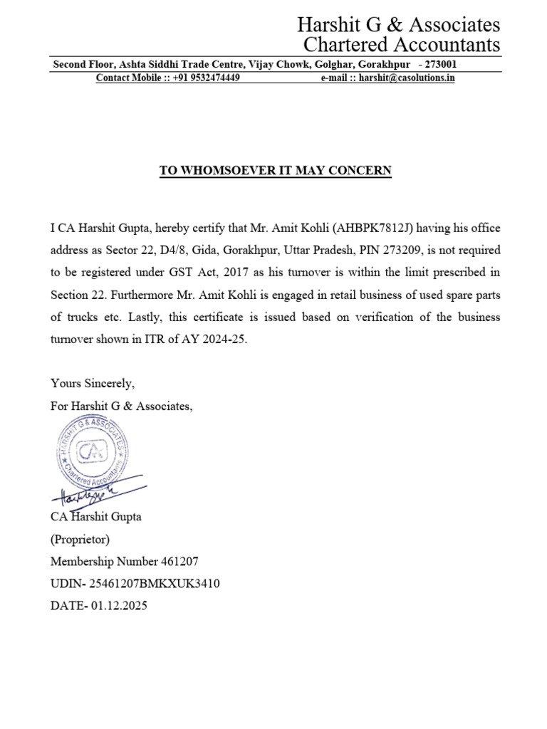 GST Exemption Certificate for Amit Kohli | PDF