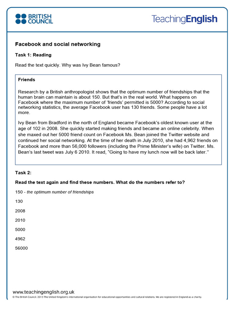 Facebook and Social Networking Student Worksheet | PDF