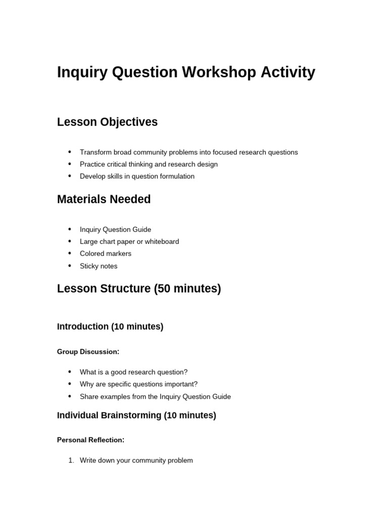 Inquiry Question Workshop Activity | PDF | Peer Review | Human ...
