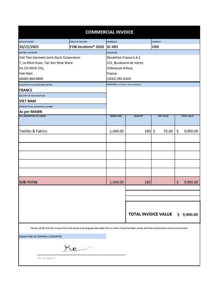 Textile Export Invoice to France | PDF