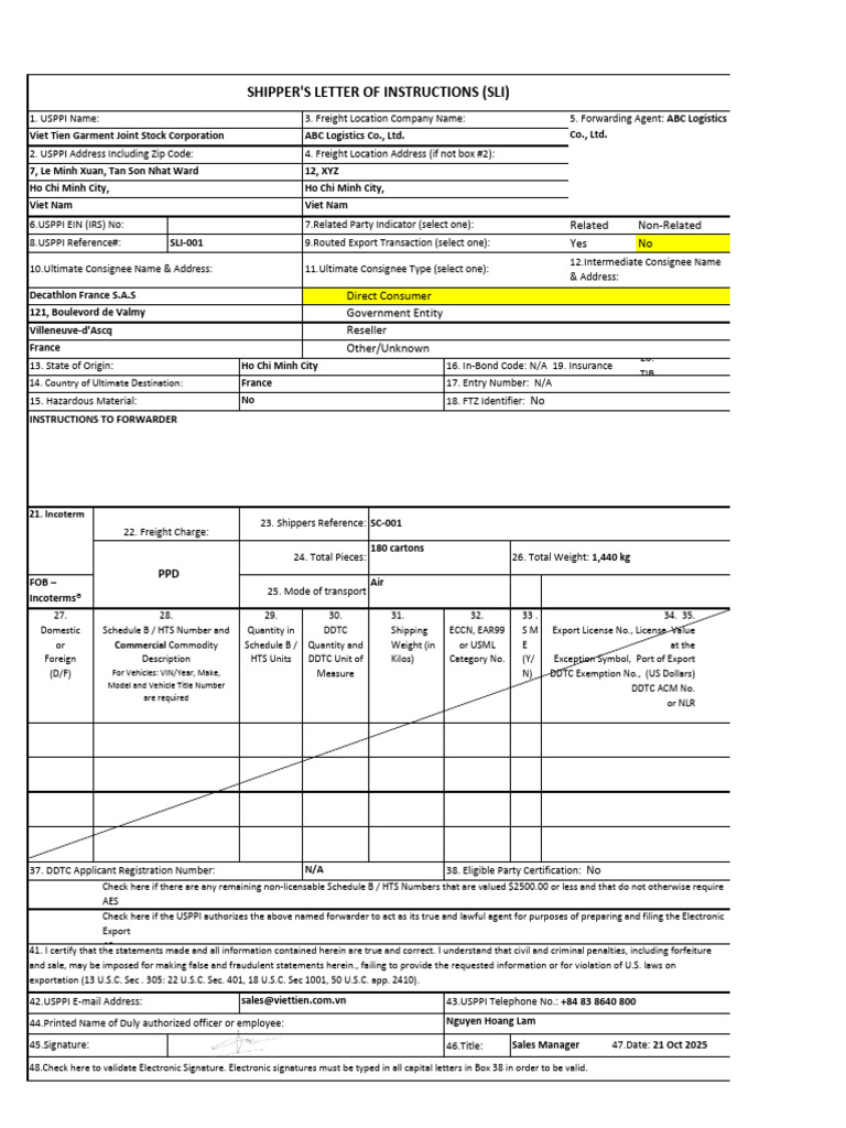 SLI Form Phake1 | PDF | Cargo