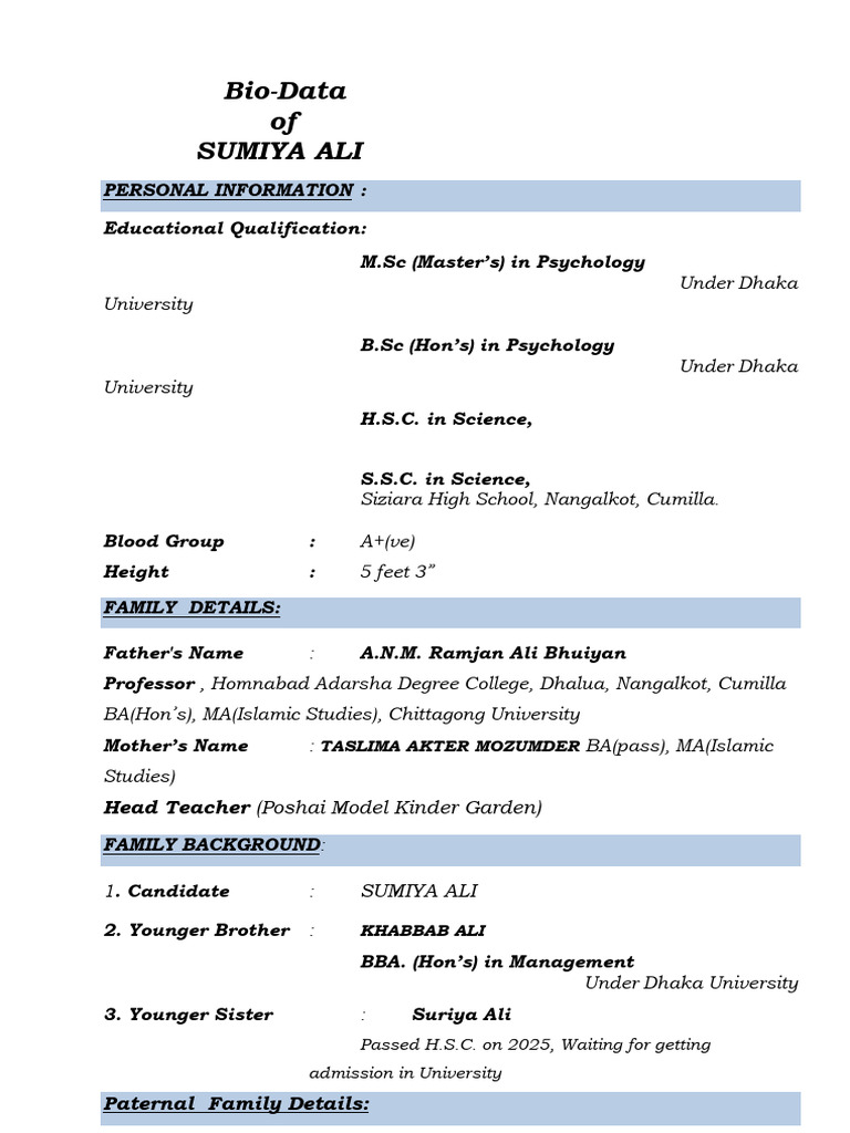Famaly Profile of Sumiya Ali | PDF