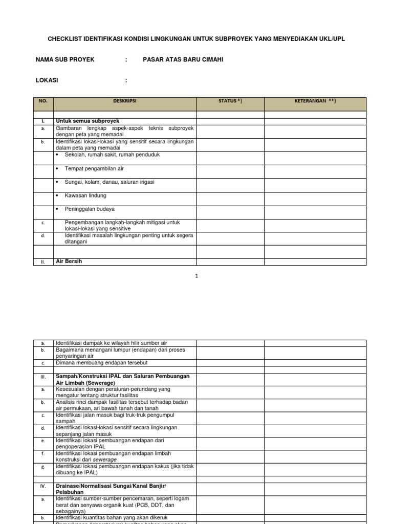 Checklist Identifikasi Kondisi Lingkungan Untuk Subproyek Yang Menyediakan UKL-UPL | PDF
