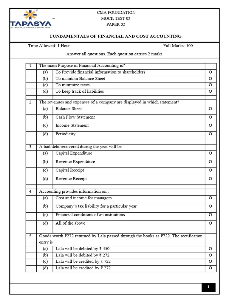 CMA Foundation Financial Accounting Mock Test | PDF | Expense | Debits ...