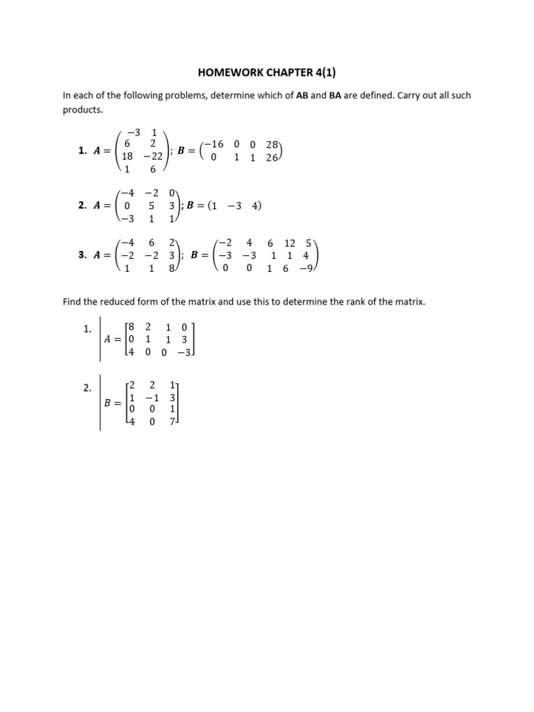 HW Chapter 4 - Matrices (1) - (2023.11) | PDF
