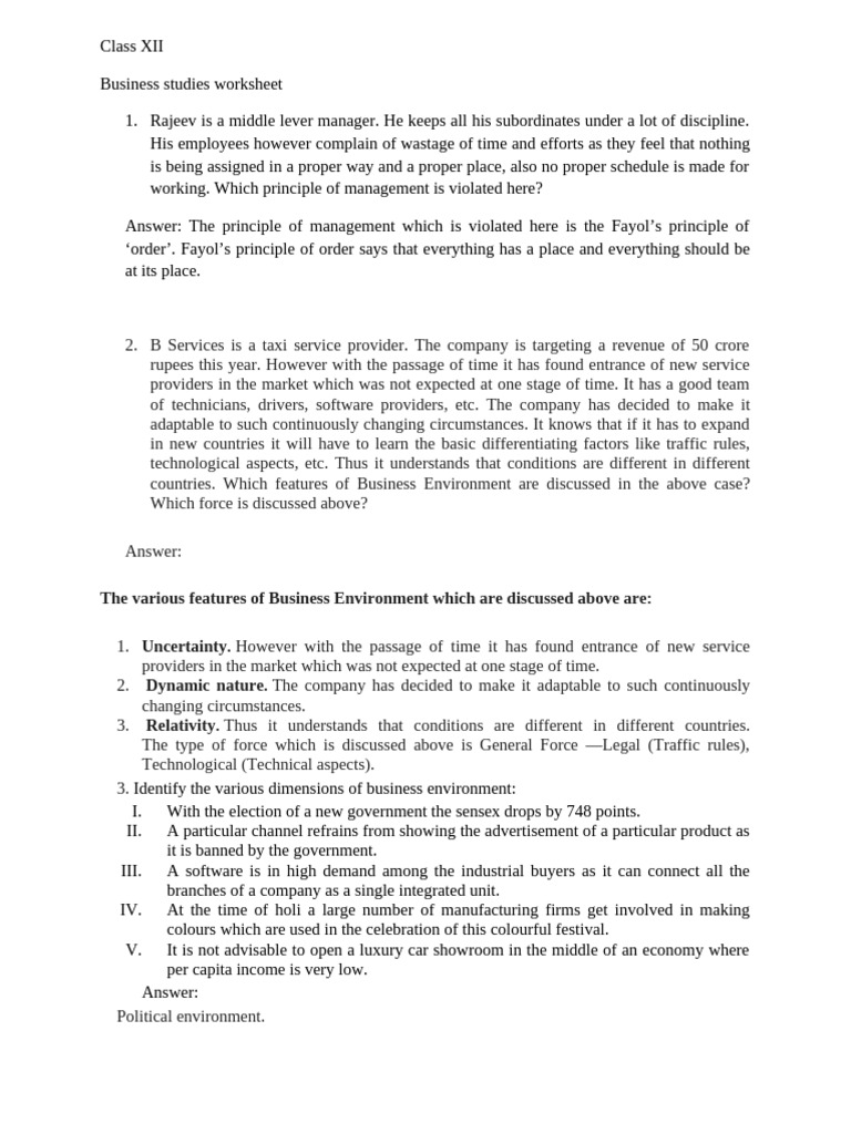 Class XII - BS WORKSHEET WITH ANSWERS | PDF | Economies