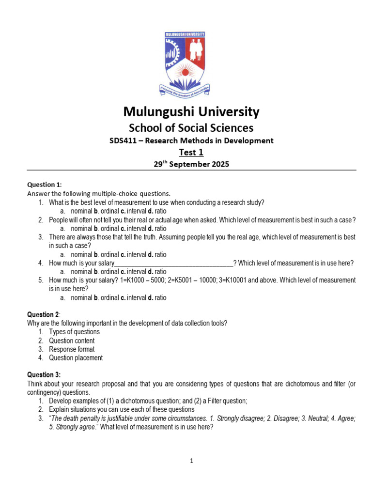 SDS 411 - Test 1 - 29092025 | PDF | Level Of Measurement | Questionnaire