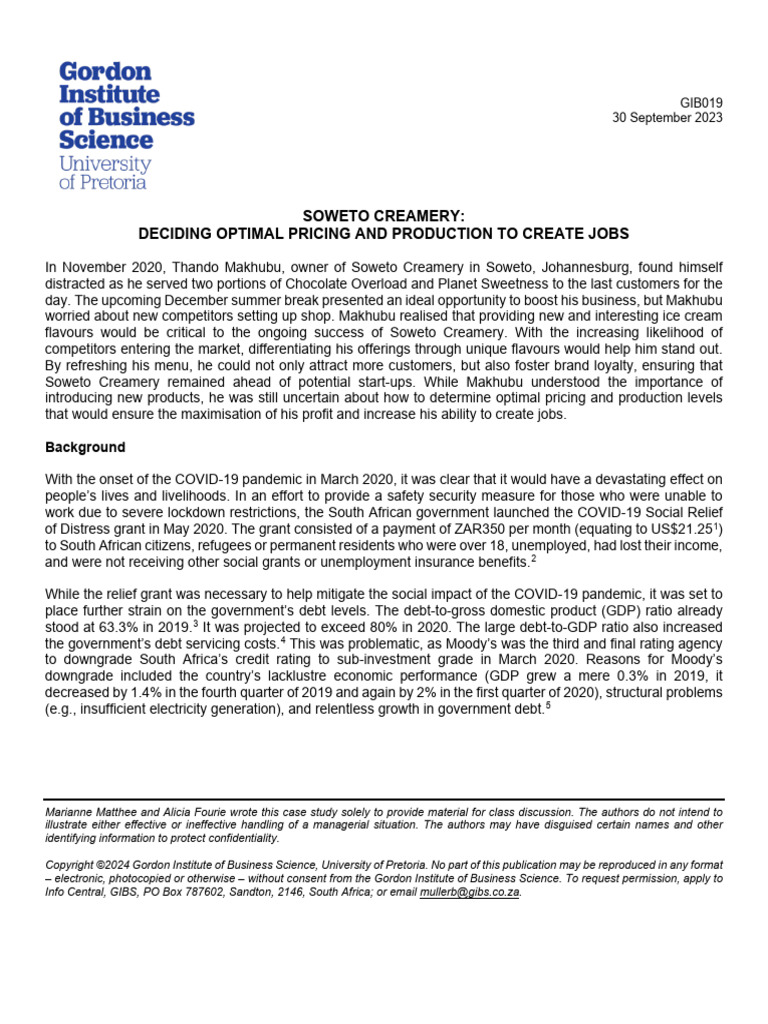 Soweto Creamery: Pricing & Job Creation Strategies | PDF | Copyright
