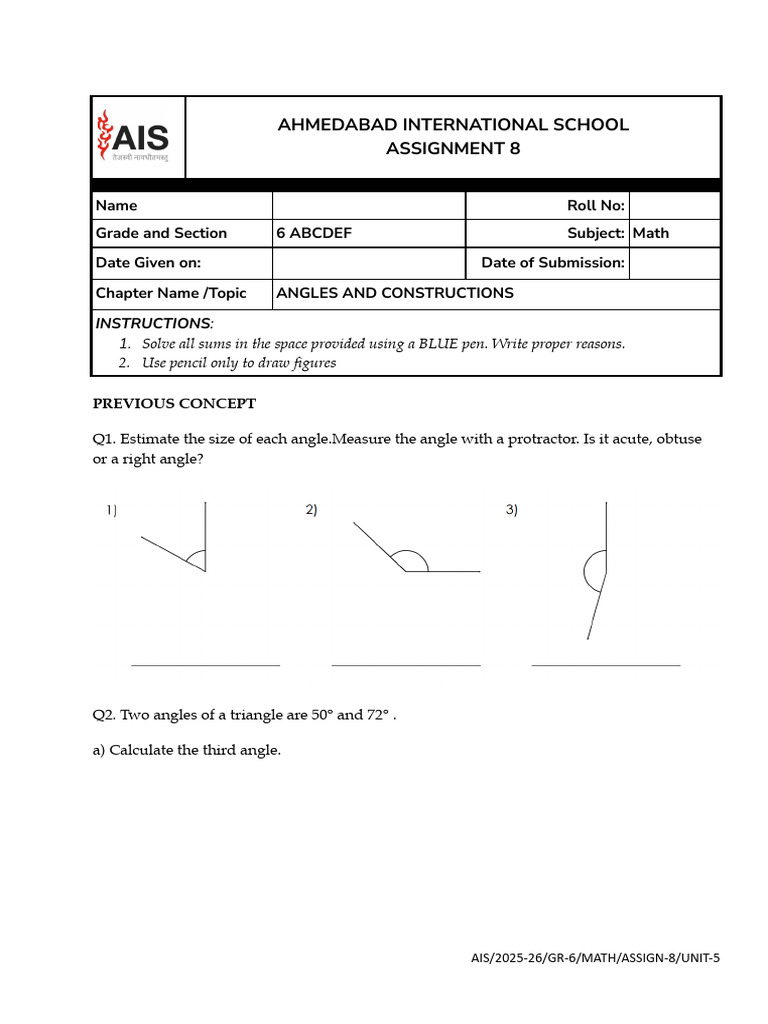Toddle AIS - 2025 26 - GR 6 - MATH - ASSIGN 8 - UNIT 5 | PDF | Angle ...